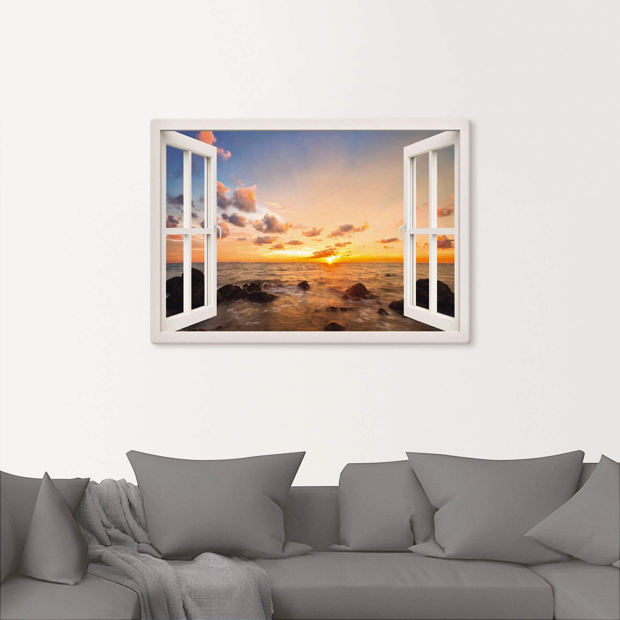 Artland Wandbild »Fensterblick Sonnenuntergang am Meer«, Fensterblick, (1 St.), als Alubild ...